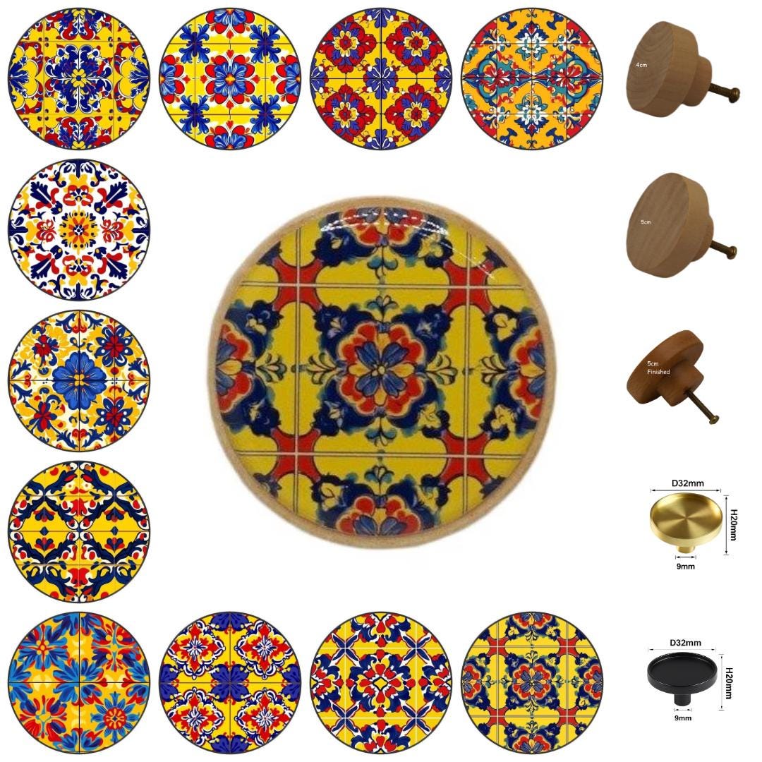 Mexican Talavera Round Wooden Cabinet Pulls, Drawer Knobs, Home Decor ...