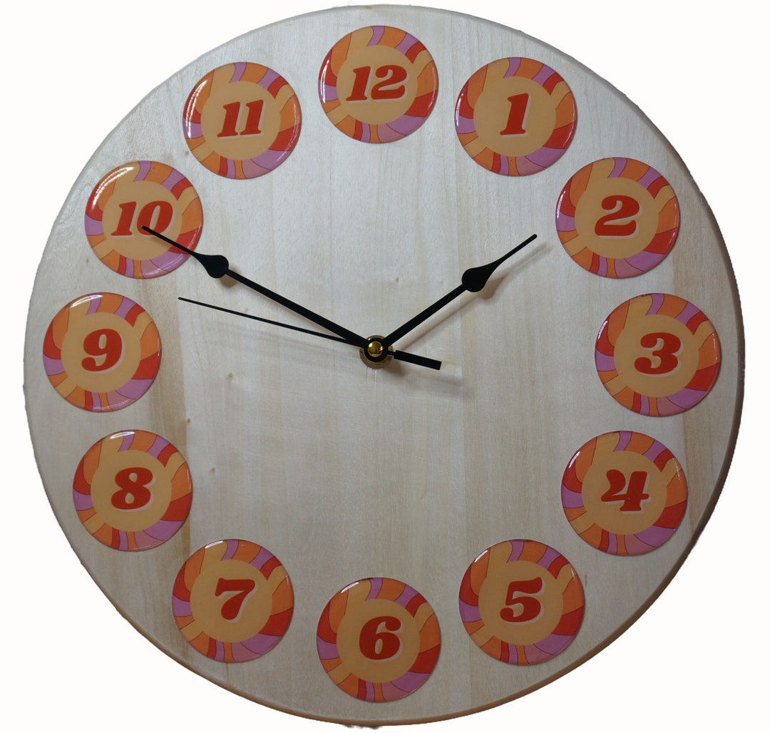 Retro, Retro Numbers, Orange, Pink, Wooden Clock, Wall Clock, Wall Art ...