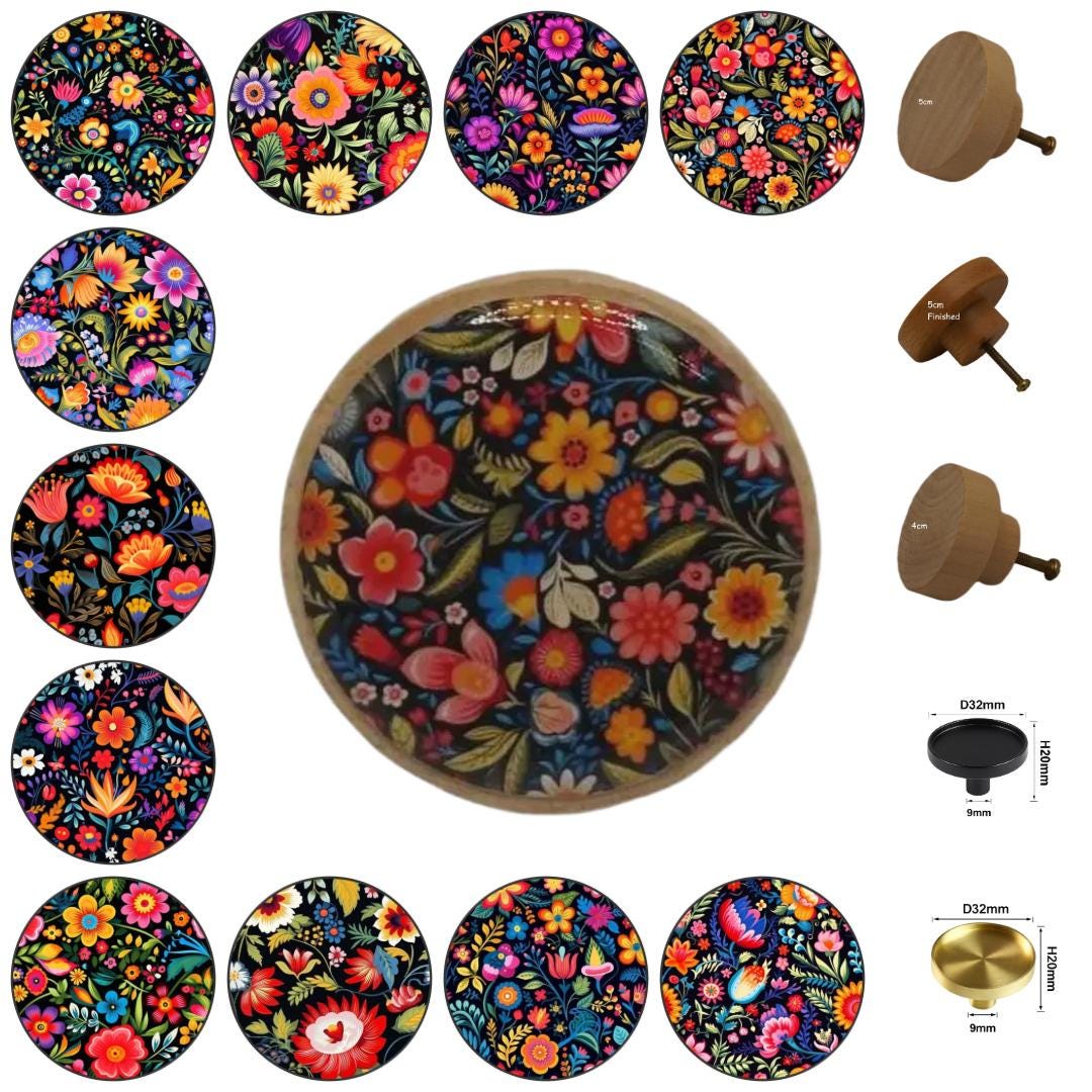 Mexican Blooms Round Wooden Cabinet Pulls, Drawer Knobs, Home Decor - Etsy