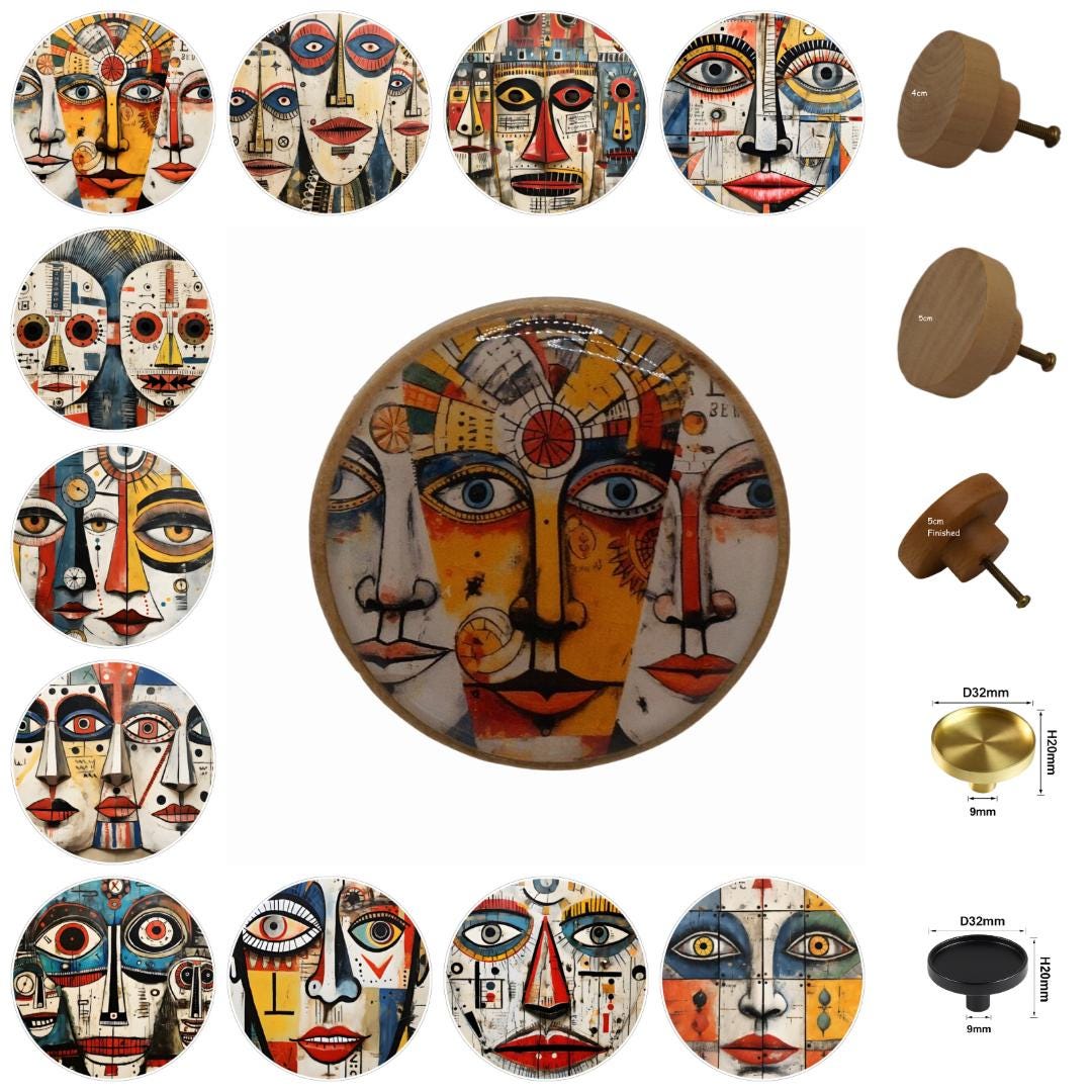 Mixed Media Faces Wooden Drawer Knobs, Decorative Cabinet Handles 3cm ...