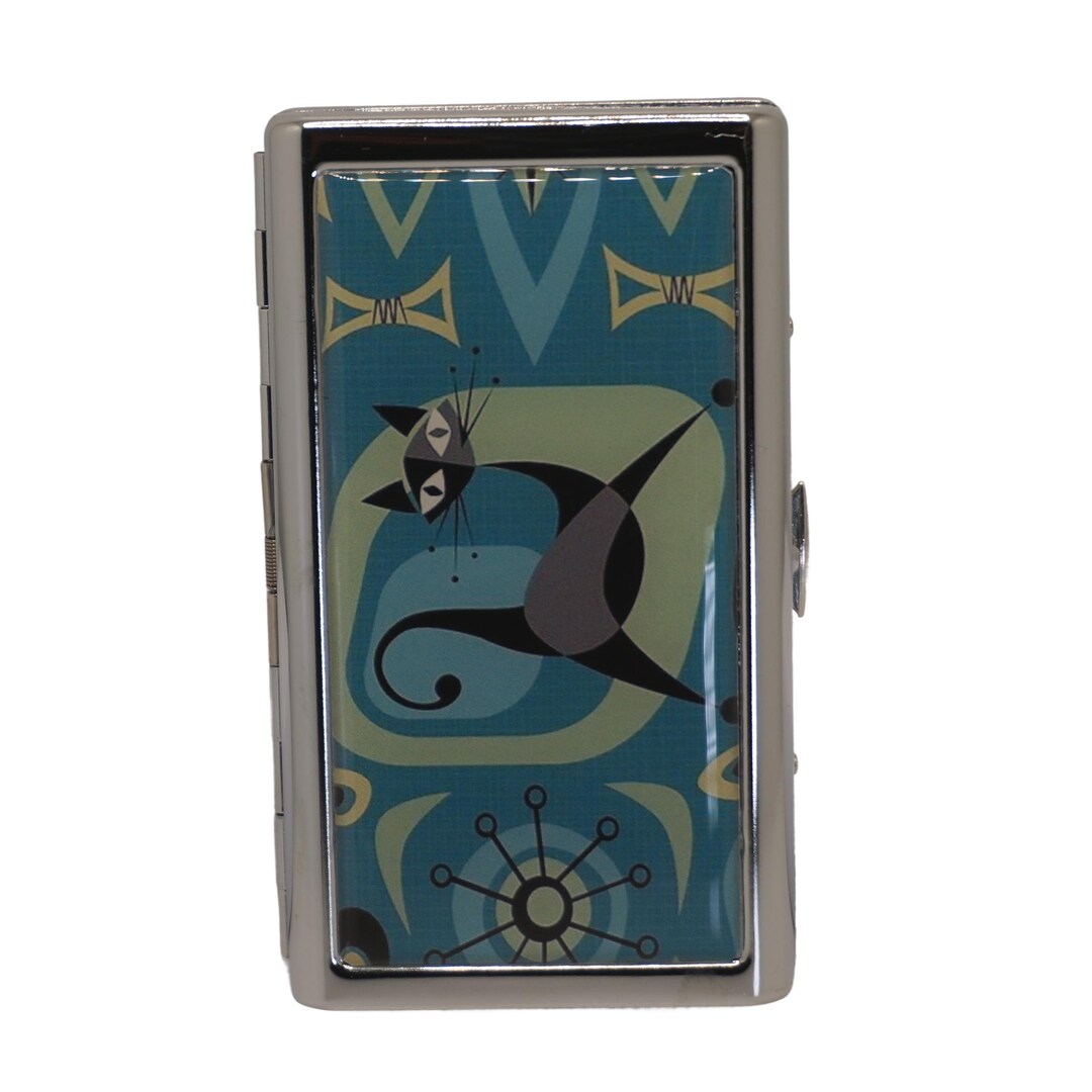 Mid Century Art, Cat, Black Cat, Retro, King Size Cigarette Case, Slim ...