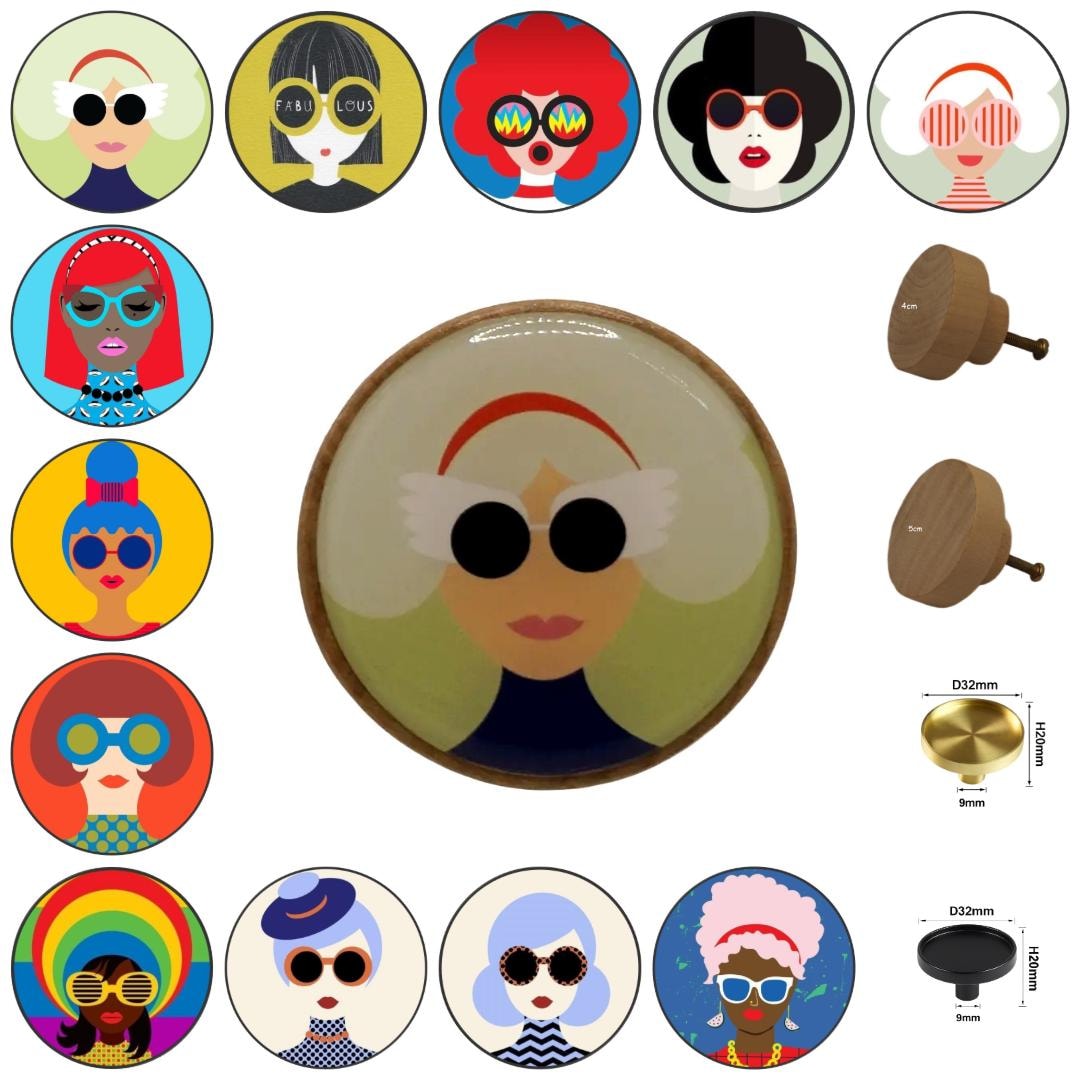 Funky Faces Wooden Drawer Knobs, Pop Art Cabinet Handles, Brass ...