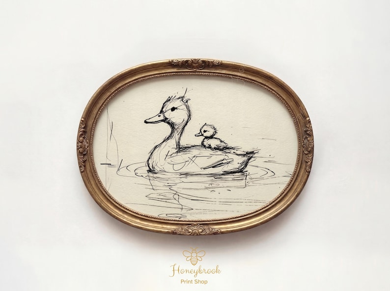 Mother Duck With Duckling Line Drawing, Minimalist Monochrome Art ...