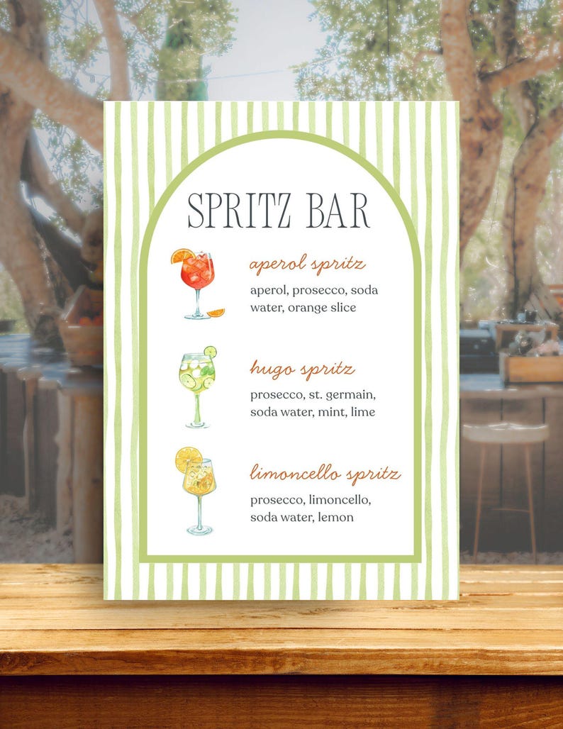 Watercolor Spritz Bar Menu Sign, Editable Cocktail Template (digital ...