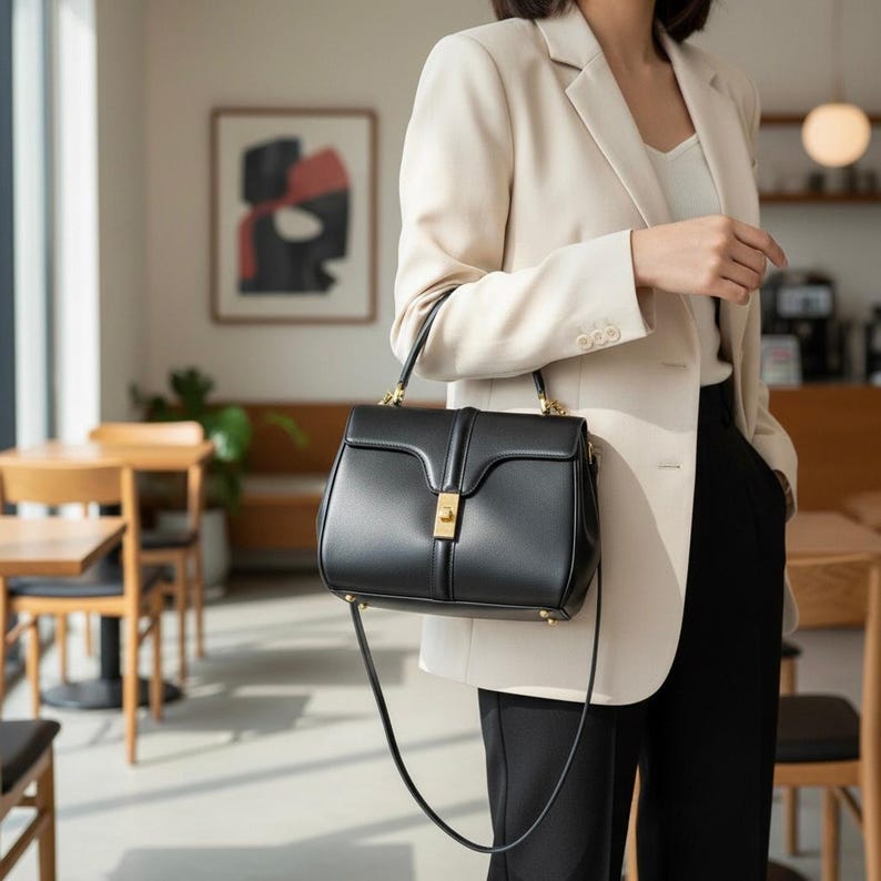 Genuine Leather Top Handle Bag – Elegant Black Crossbody Purse ...