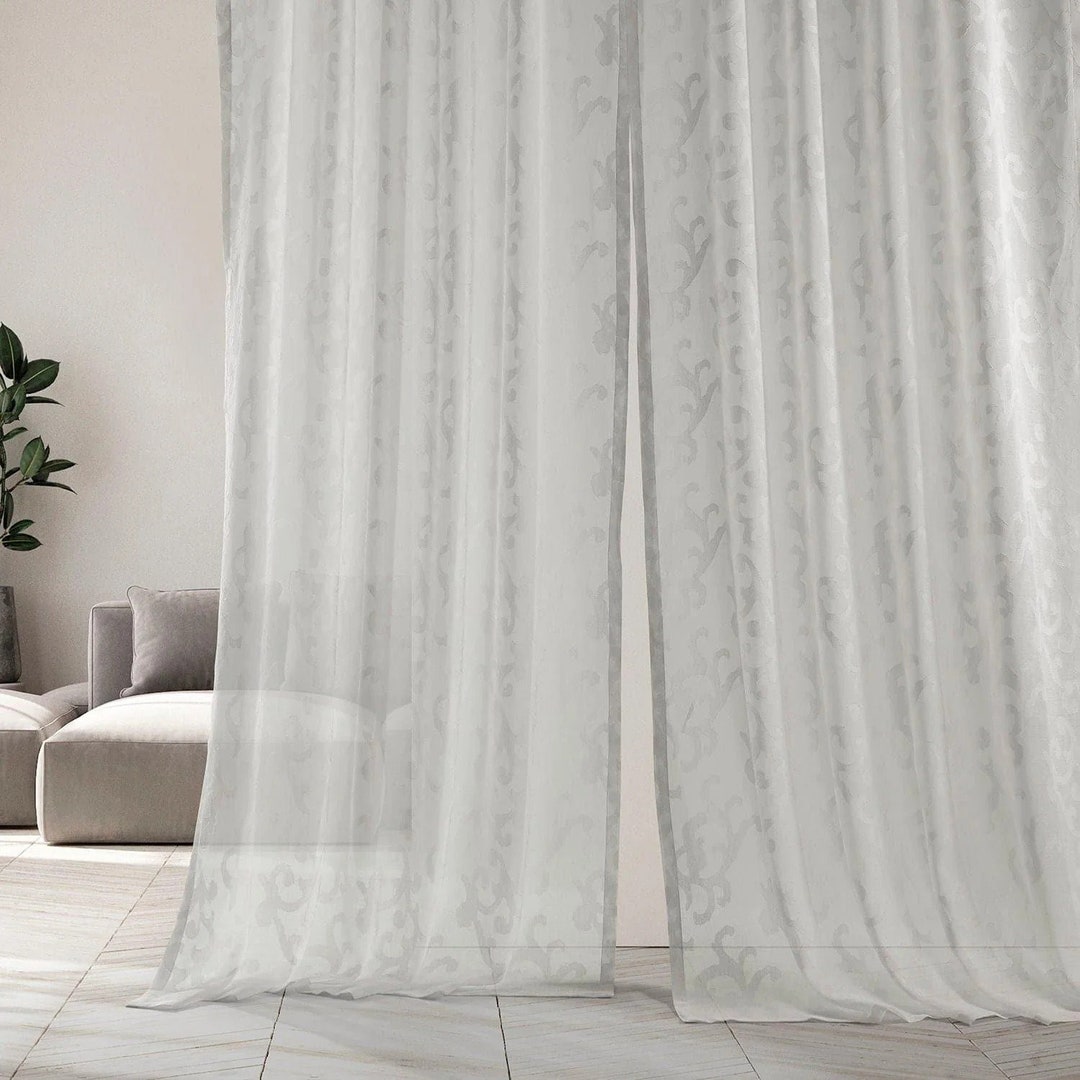 Paris Scroll Linen Curtains, Single Panel Window Curtains, Sheer ...