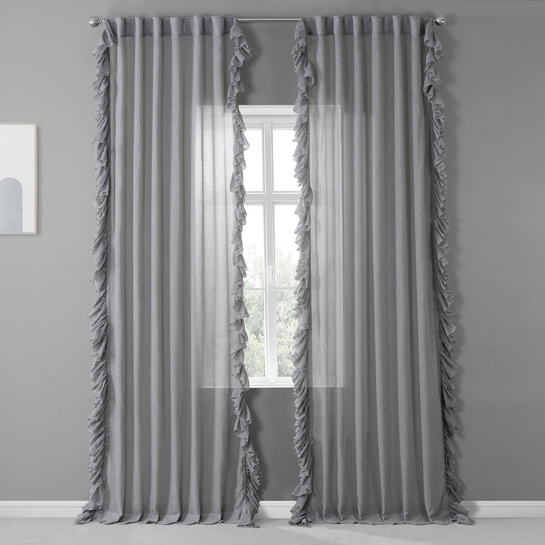 Gray Ruffled Curtains, Sheer Curtains, Single Panel Linen Curtains ...