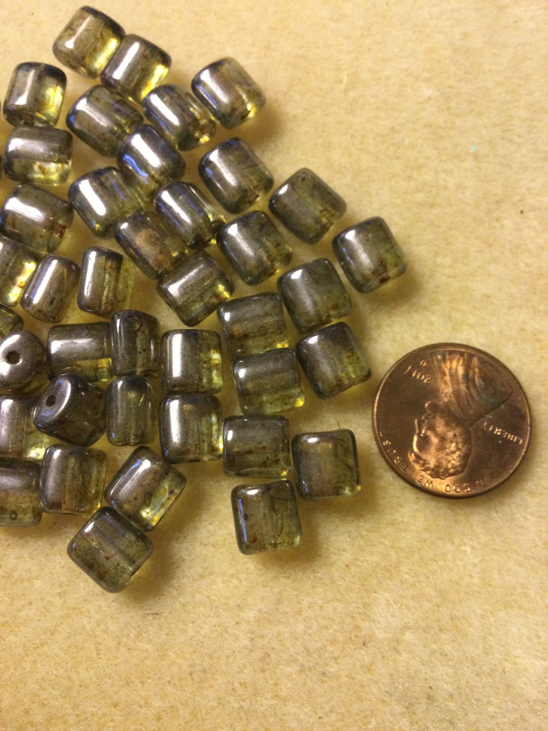 10mm Olivine Luster Barrel Bead, Flat Green Barrel Bead, Czech 10mm ...