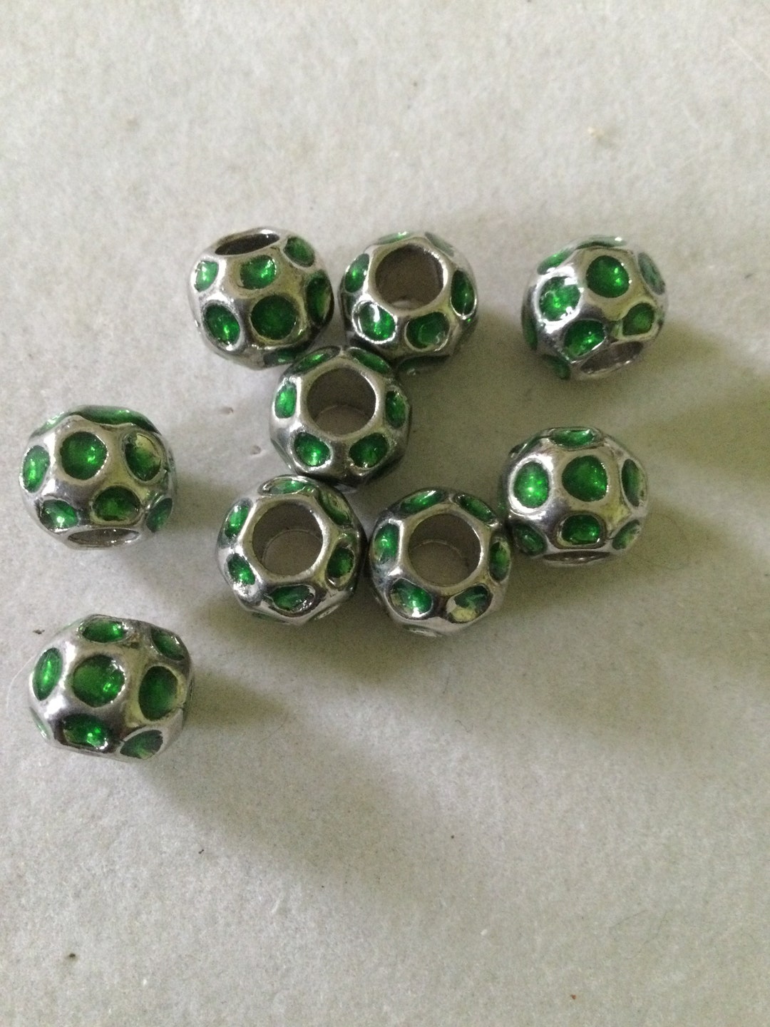 10mm Round Metal Bead With Dots of Green Enamel, Imitation Pandora Like ...