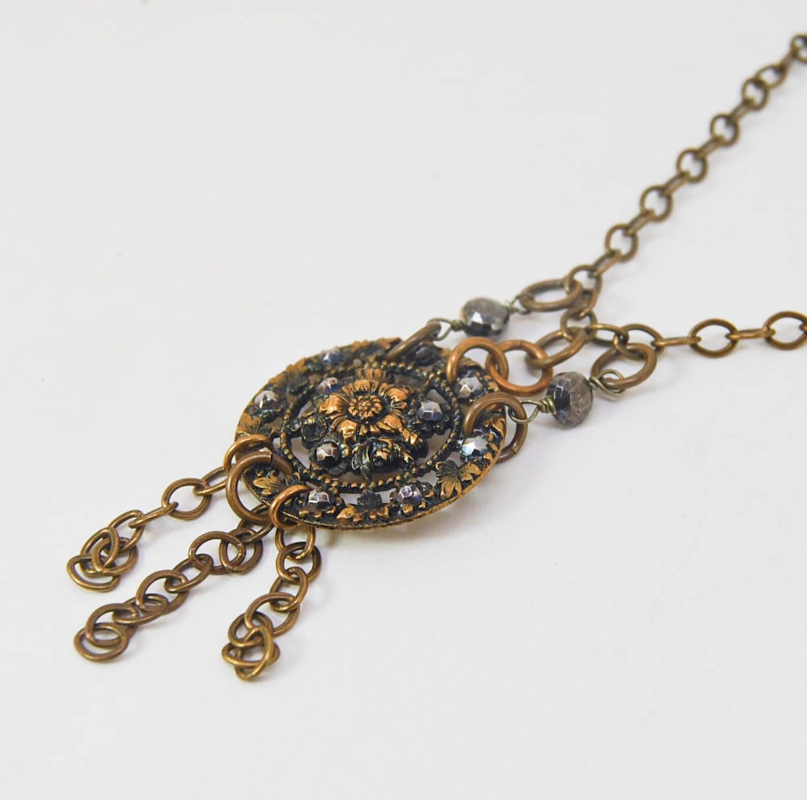 Boho Chain Necklace | Dark Blue Vintage Pendant | Cut Steel Button ...
