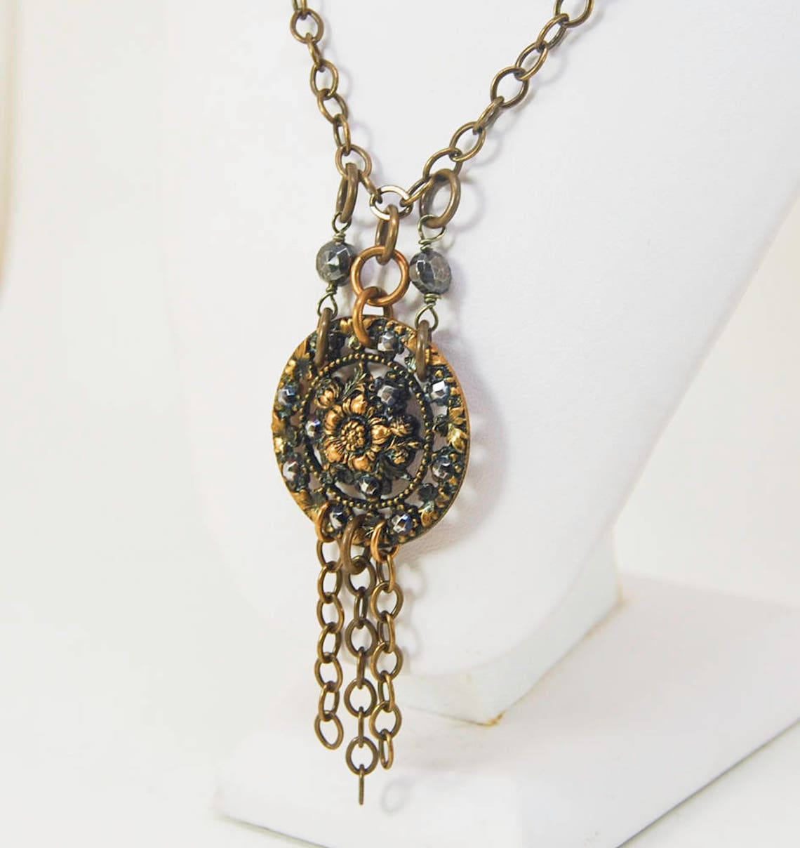 Boho Chain Necklace | Dark Blue Vintage Pendant | Cut Steel Button ...