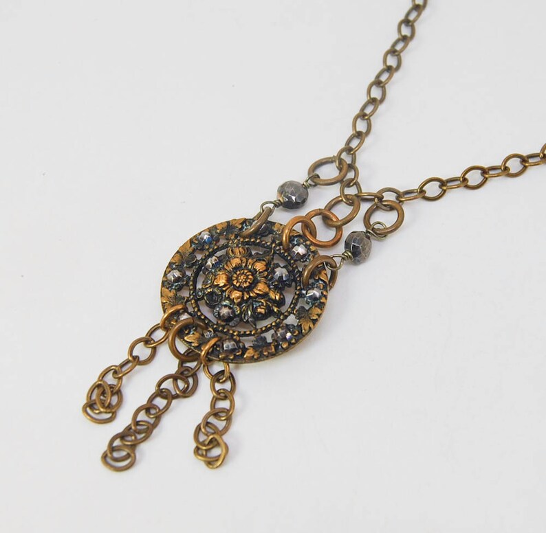 Boho Chain Necklace | Dark Blue Vintage Pendant | Cut Steel Button ...