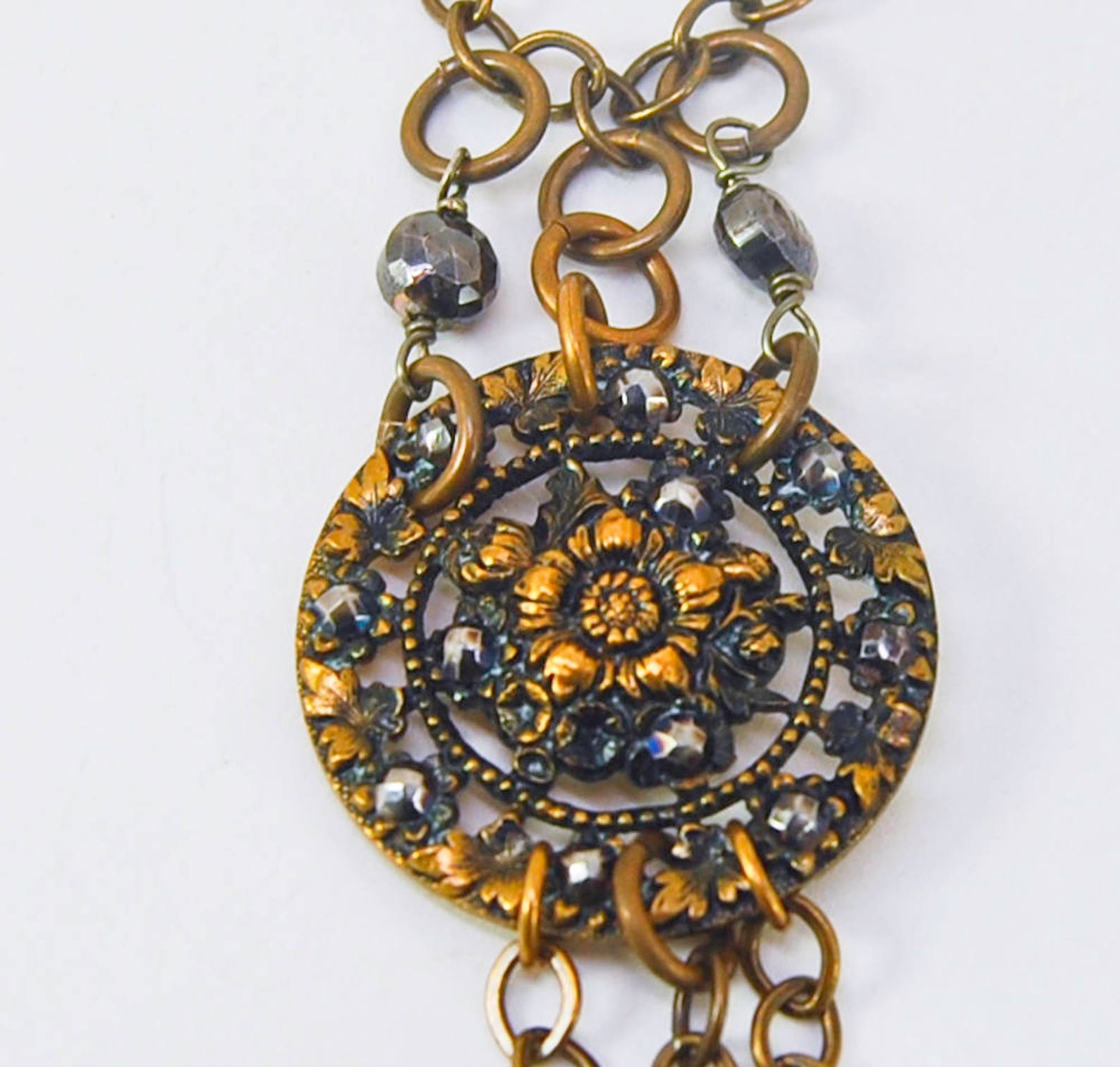 Boho Chain Necklace Dark Blue Vintage Pendant Cut Steel Button ...