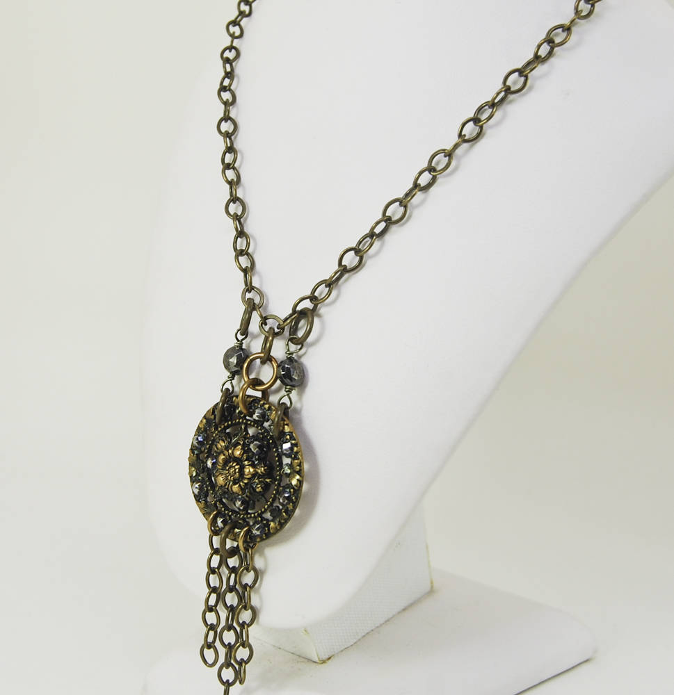 Boho Chain Necklace | Dark Blue Vintage Pendant | Cut Steel Button ...