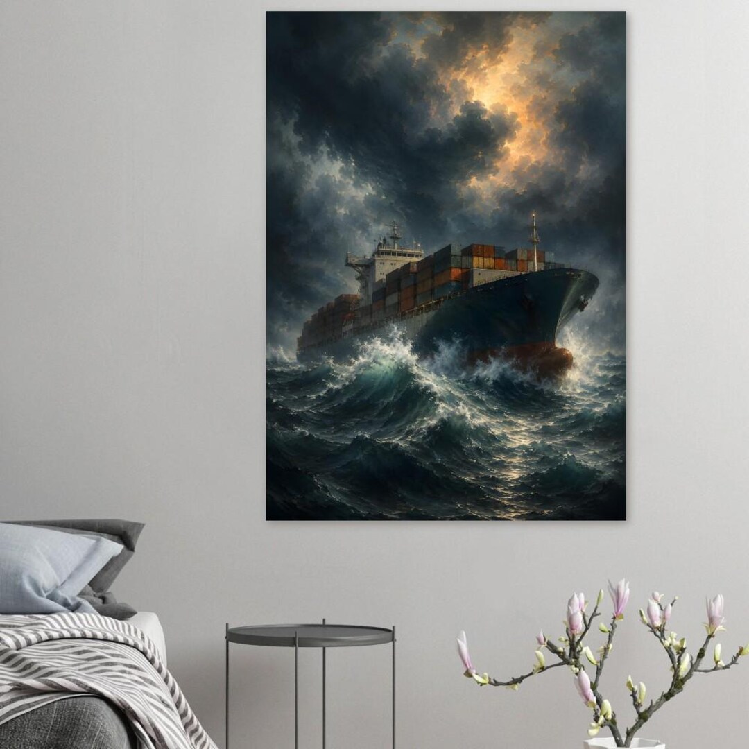Modern Cargo Ship In Stormy Seas Wall Art Print Dramatic Nautical