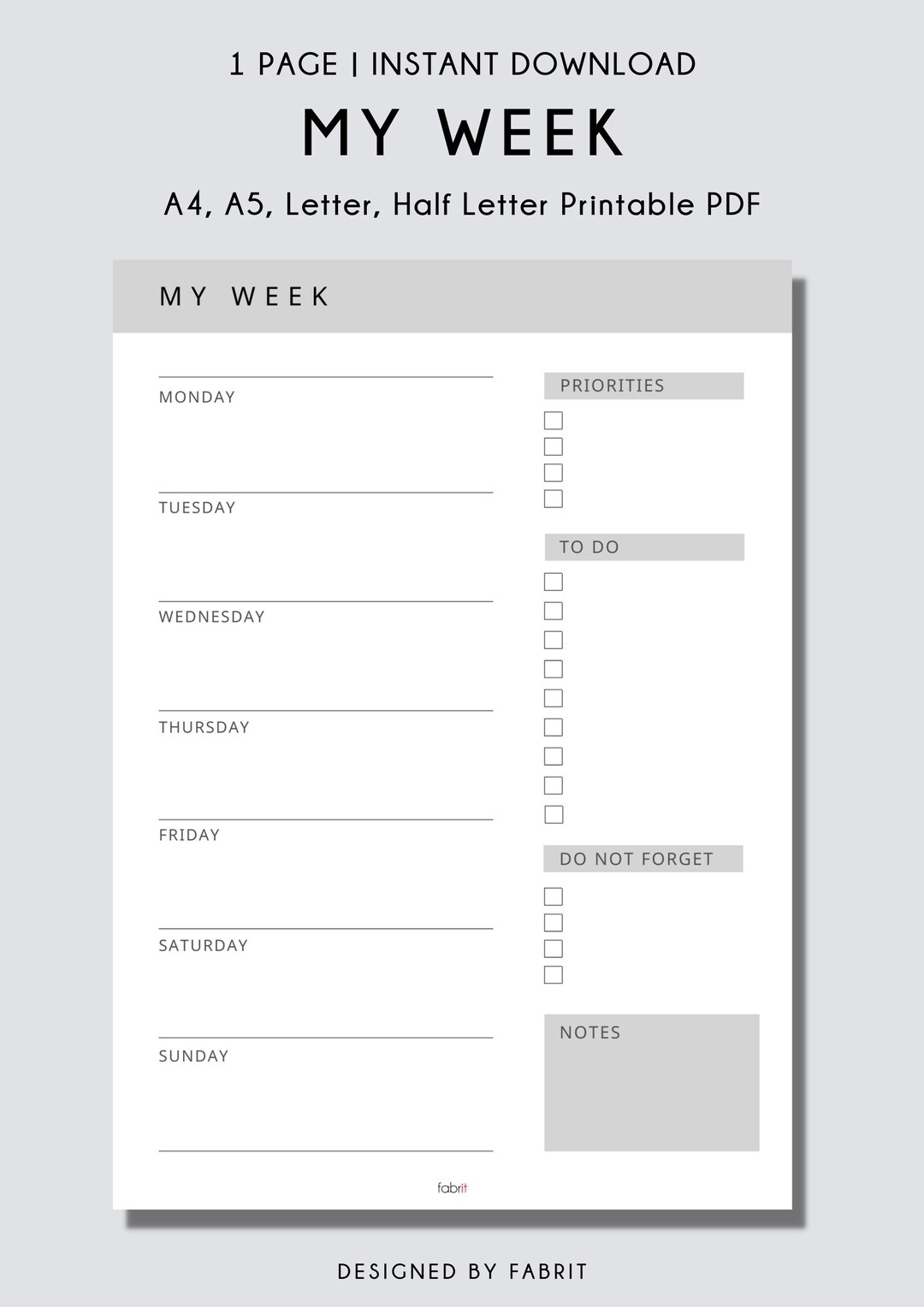 Weekly Planner My Week at a Glance A4, A5, Letter, Half Letter ...