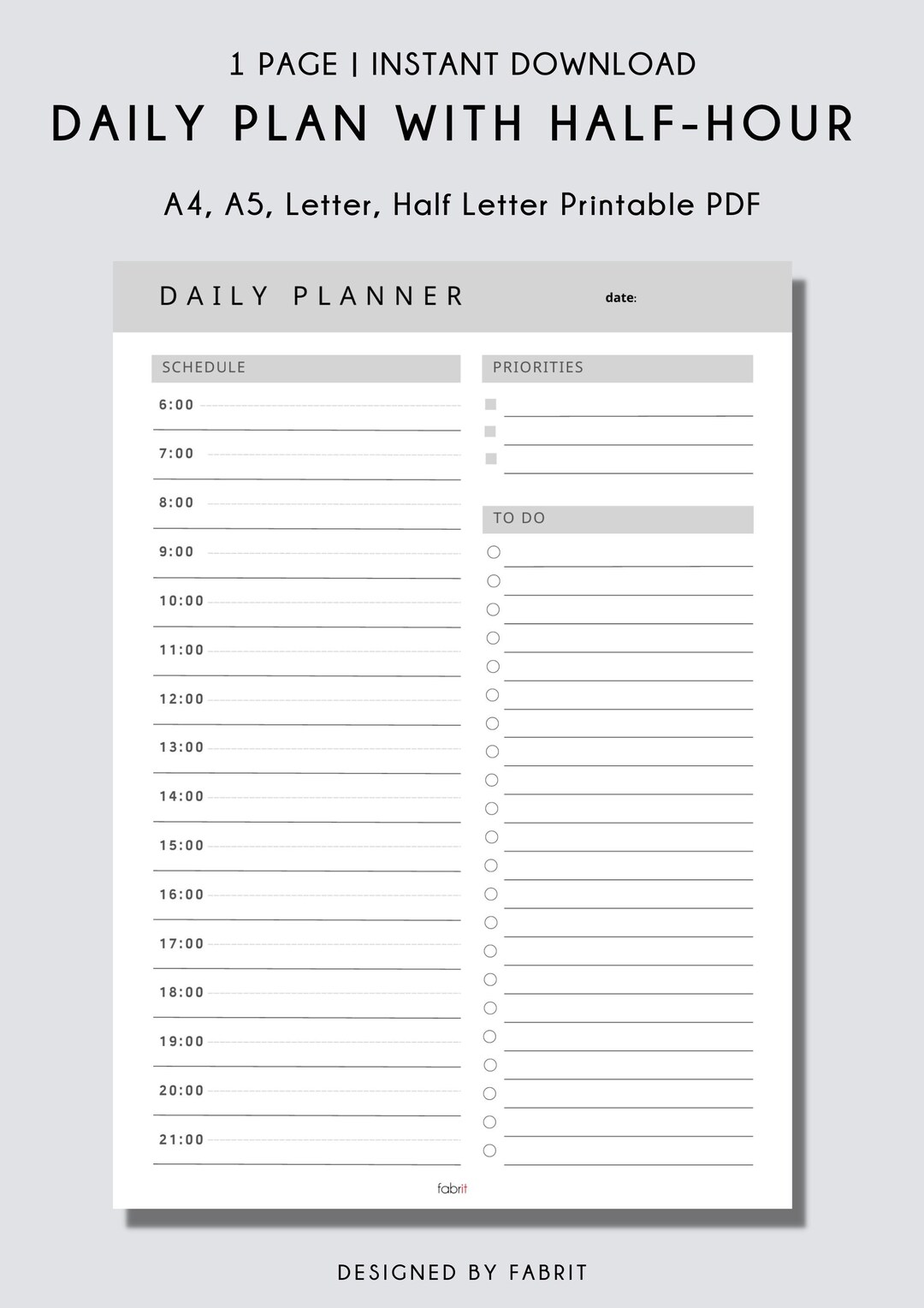 Daily Plan With Half-hour Time Frames A4, A5, Letter, Half Letter ...
