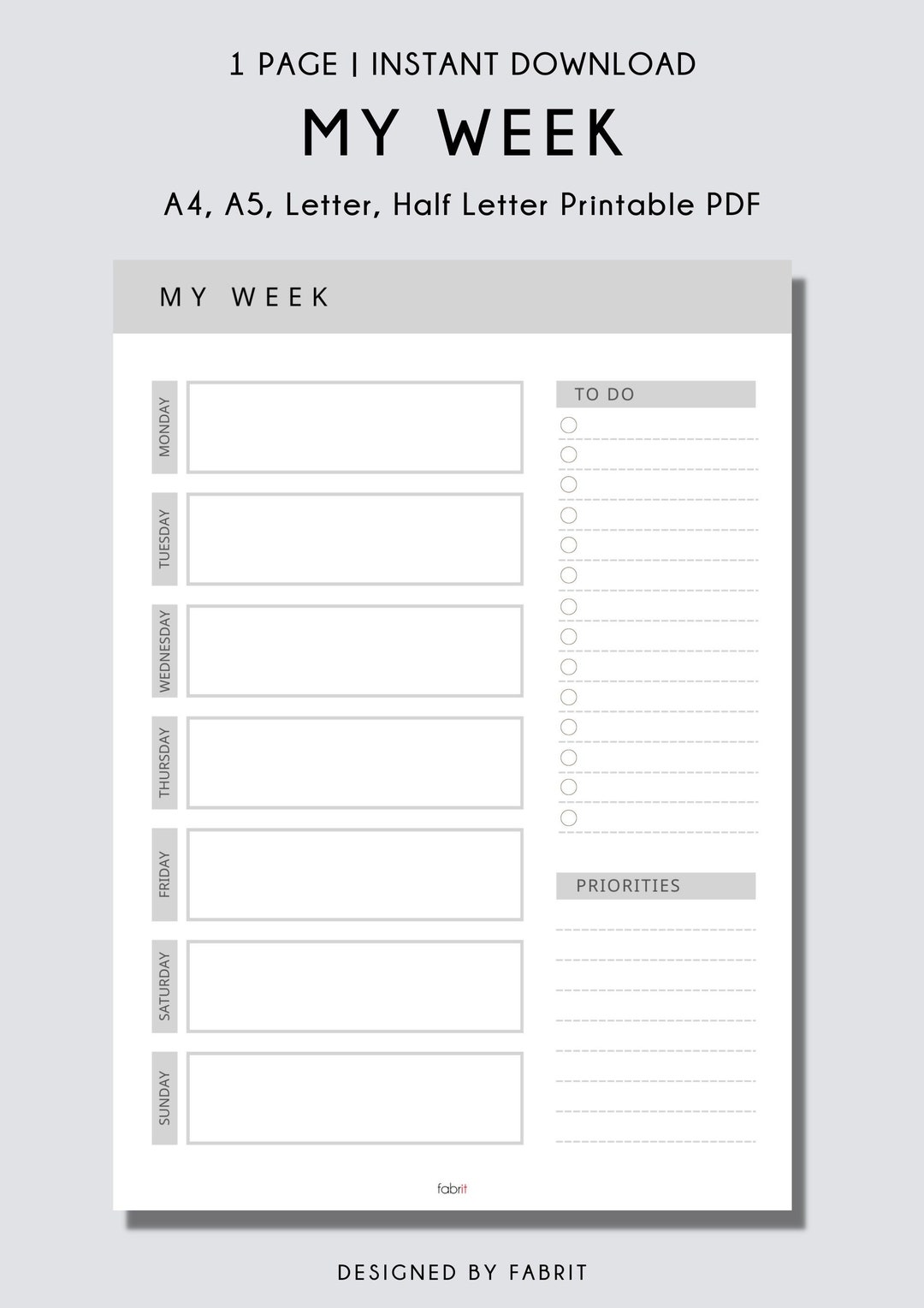 My Week in a Glance Weekly Planner A4, A5, Letter, Half Letter Download ...