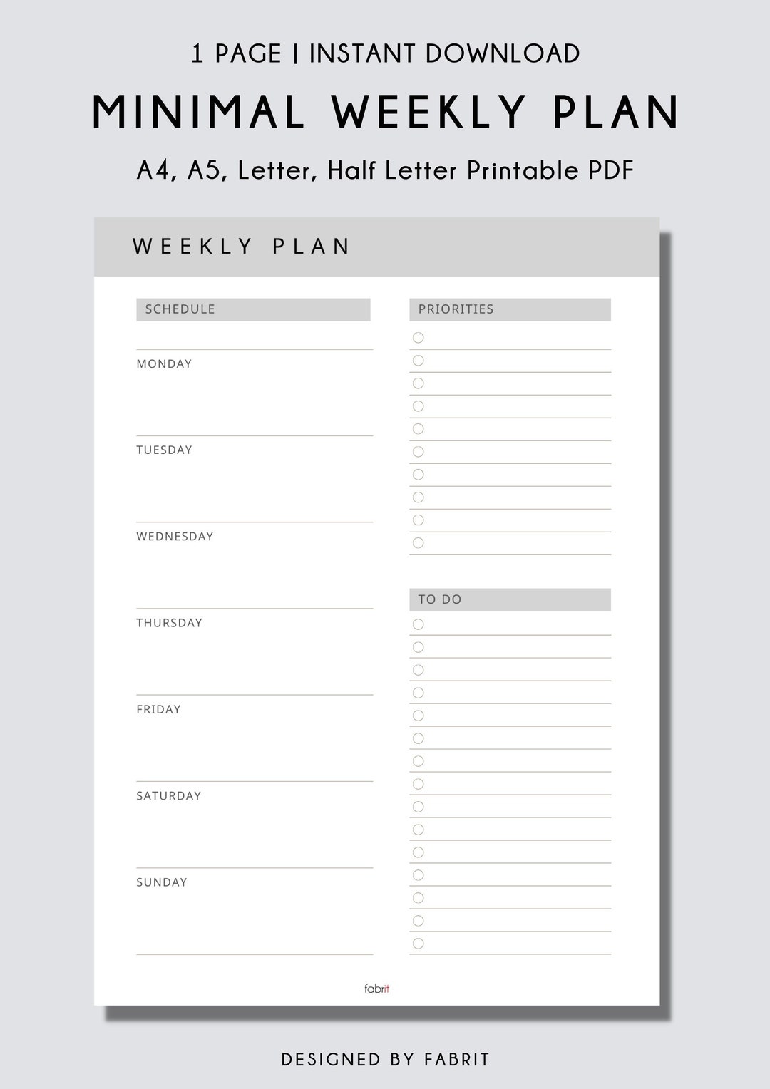 Minimal Weekly Plan My Week at a Glance A4, A5, Letter, Half Letter ...