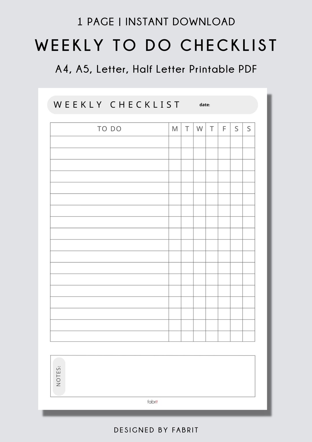 Weekly to Do Checklist A4/a5/letter/half Letter Download Printable PDF ...