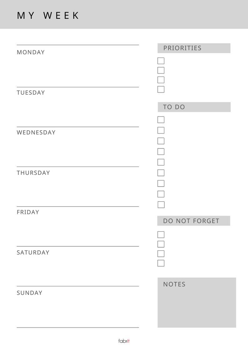 Weekly Planner My Week at a Glance A4, A5, Letter, Half Letter ...