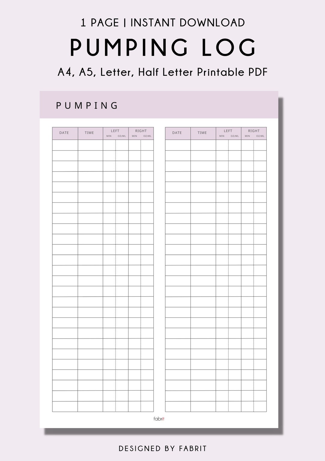 Pumping Tracker A4, A5, Letter, Half Letter Printable PDF Breast Pump ...