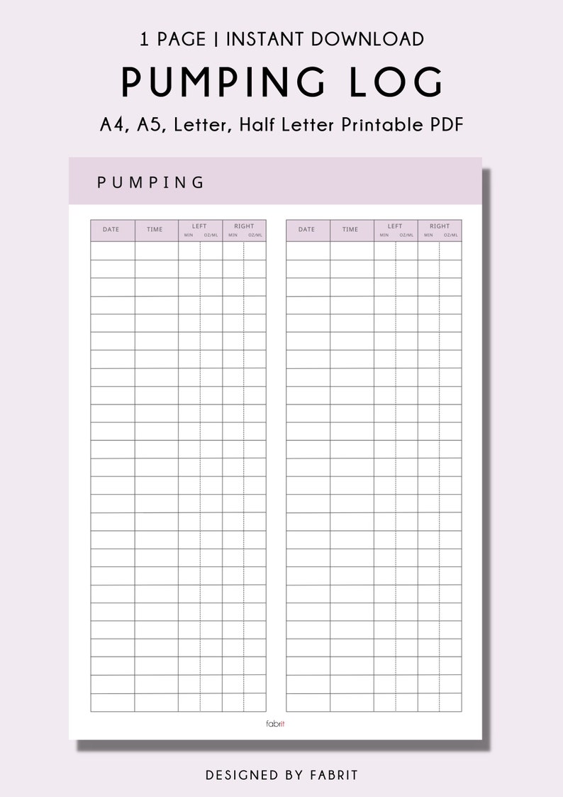 Pumping Tracker A4, A5, Letter, Half Letter Printable PDF Breast Pump ...
