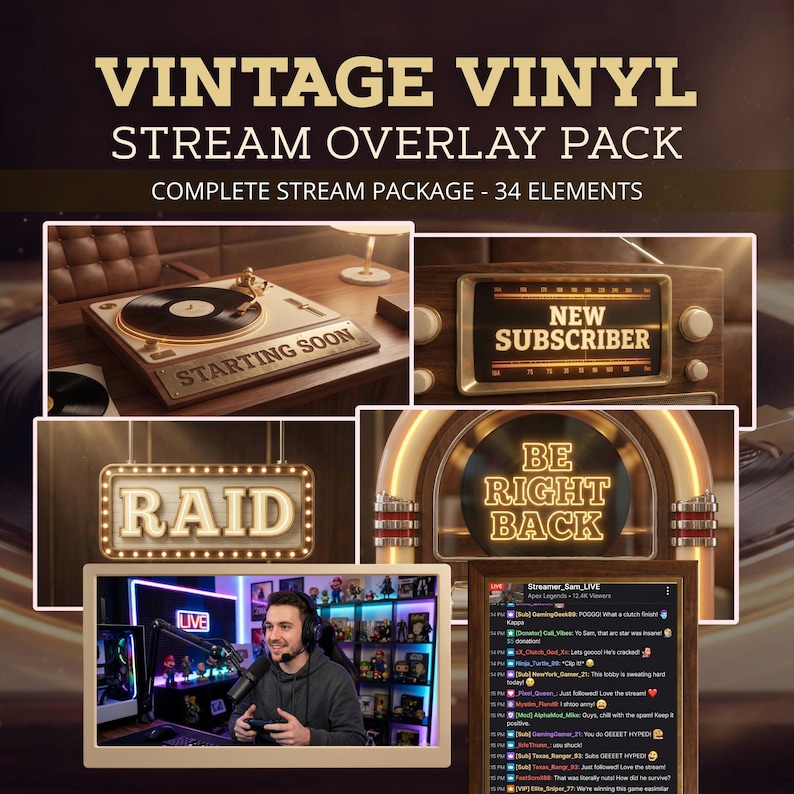 Animated Vintage Twitch Stream Overlay Pack - Retro Vinyl Streaming ...