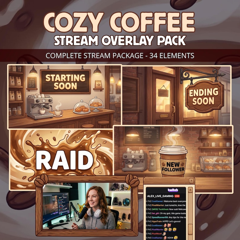Animated Cozy Coffee Twitch Stream Overlay Pack - Brown & Beige Cafe ...