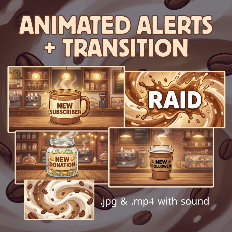 Animated Cozy Coffee Twitch Stream Overlay Pack - Brown & Beige Cafe ...