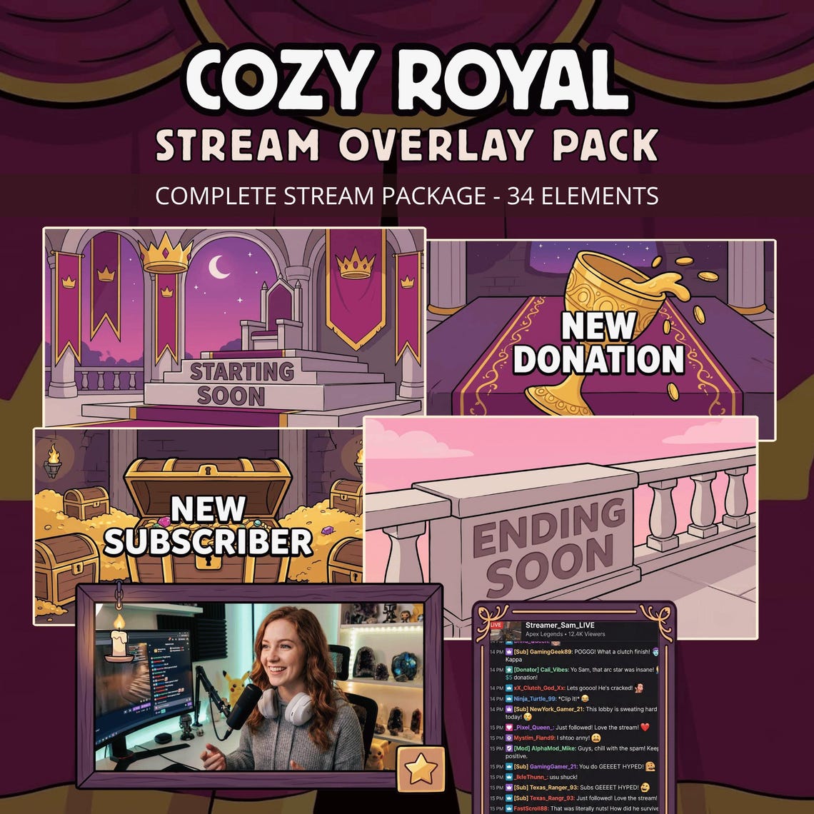 Animated Cozy Royal Twitch Stream Overlay Pack - Night Castle Princess ...