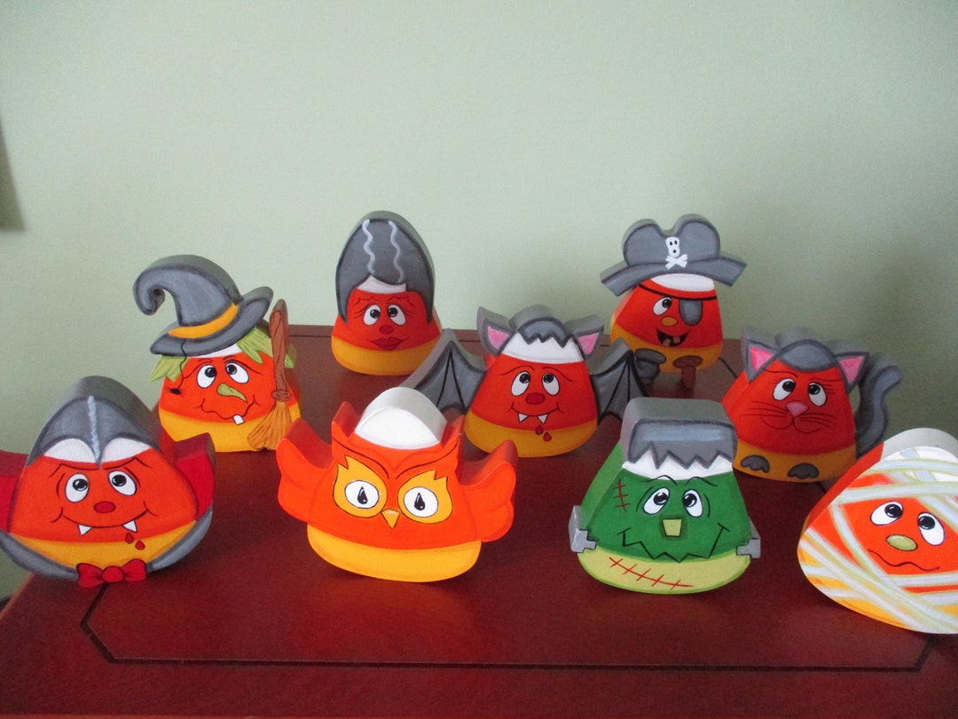 Candy Corn Halloween Figures, Frankenstein, Bat, Witch, Mummy, Cat ...