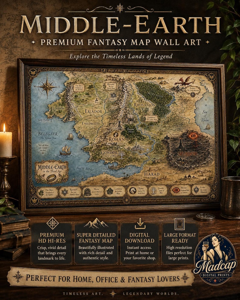 Middle-earth Fantasy Map | Vintage Parchment Wall Art (digital Download ...
