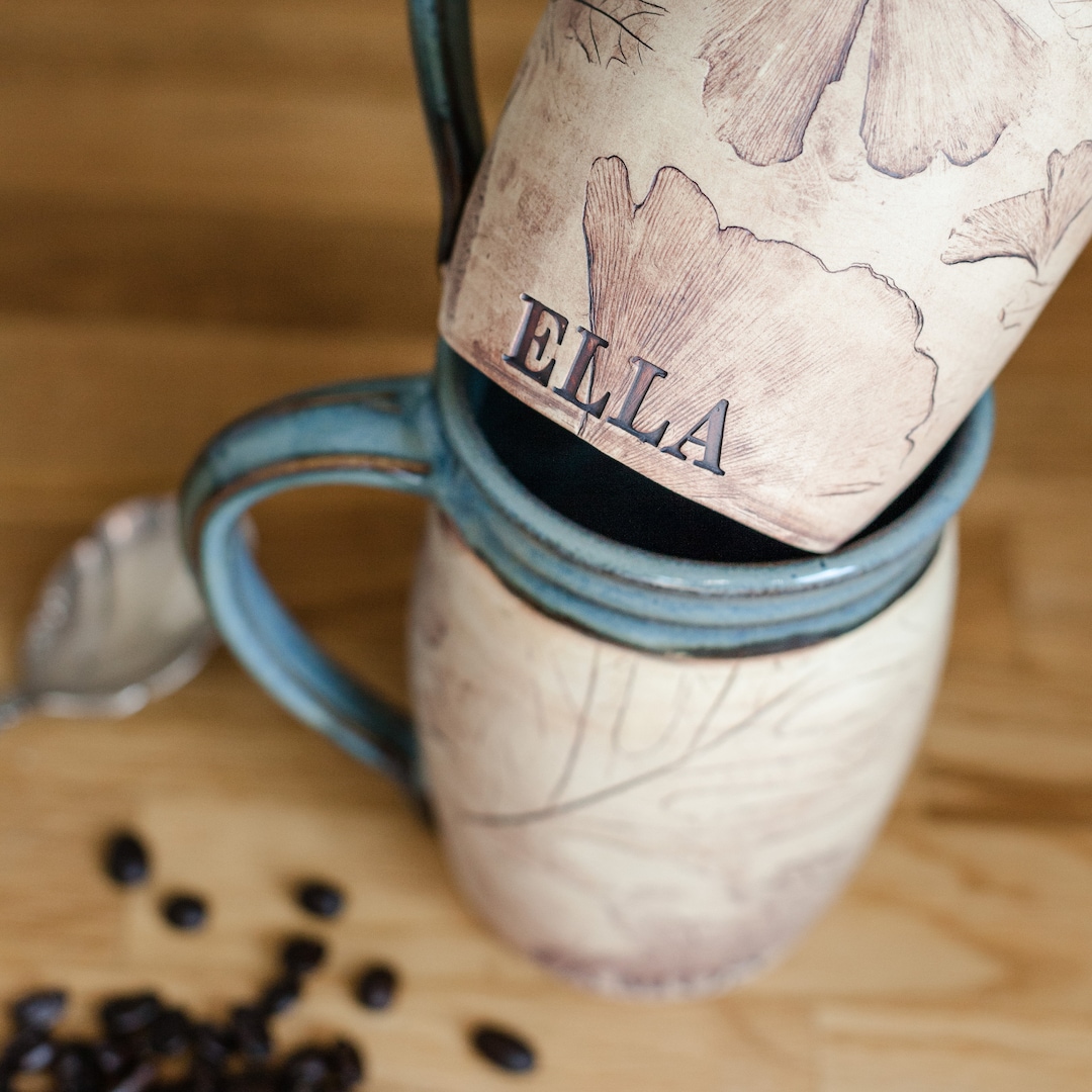 Personalized Pottery Coffee Mug: Handmade Leaf Design, Gift Box - Etsy