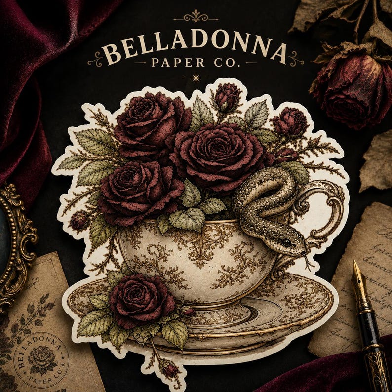Gothic Snake Rose Sticker | Victorian Teacup Vinyl Die-cut Decal | Dark ...