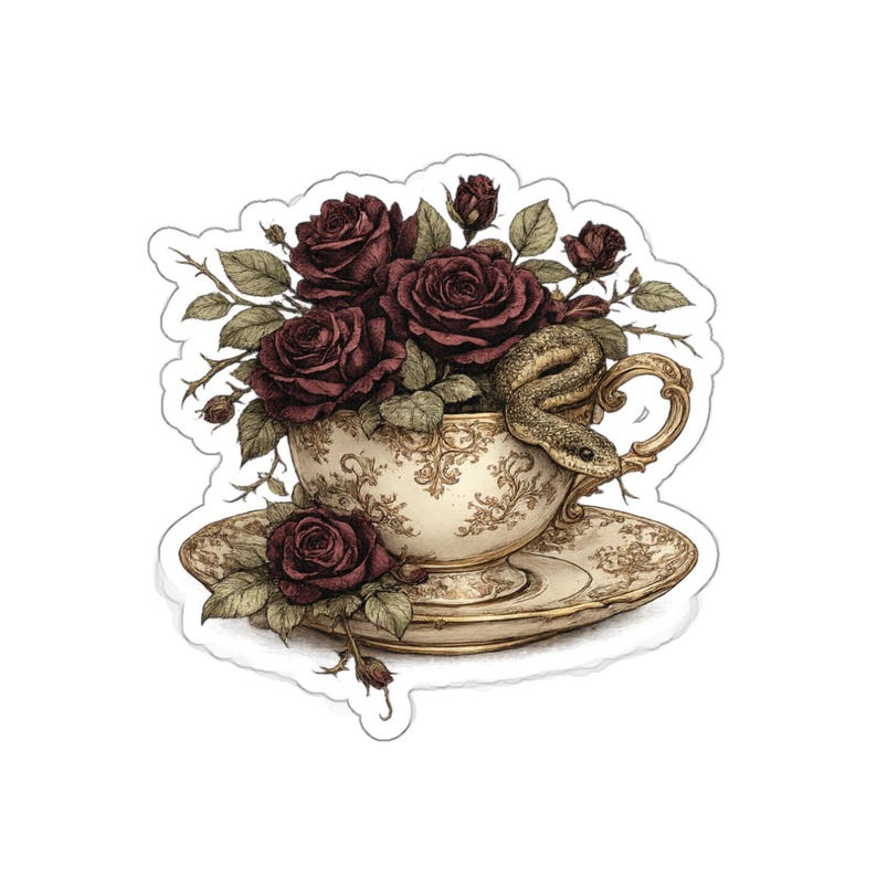 Gothic Snake Rose Sticker | Victorian Teacup Vinyl Die-cut Decal | Dark ...