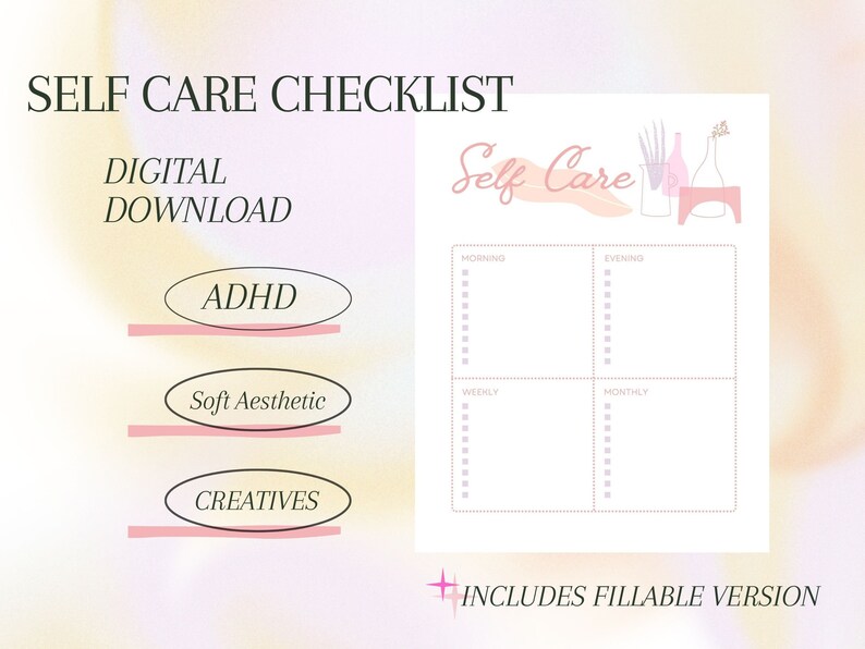 Self Care Checklist Printable and Fillable PDF Download ADHD Pink Aesthetic Minimalist Daily ...