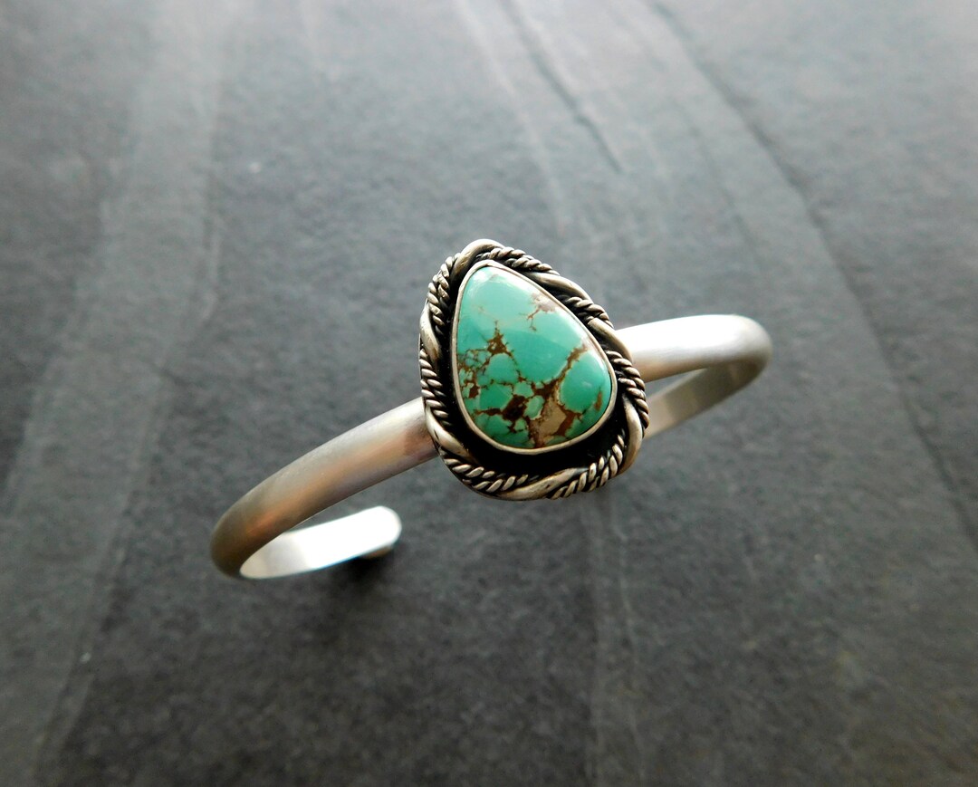 Green Turquoise Cuff Bracelet, Rope Trim, Sterling Silver, Southwestern ...
