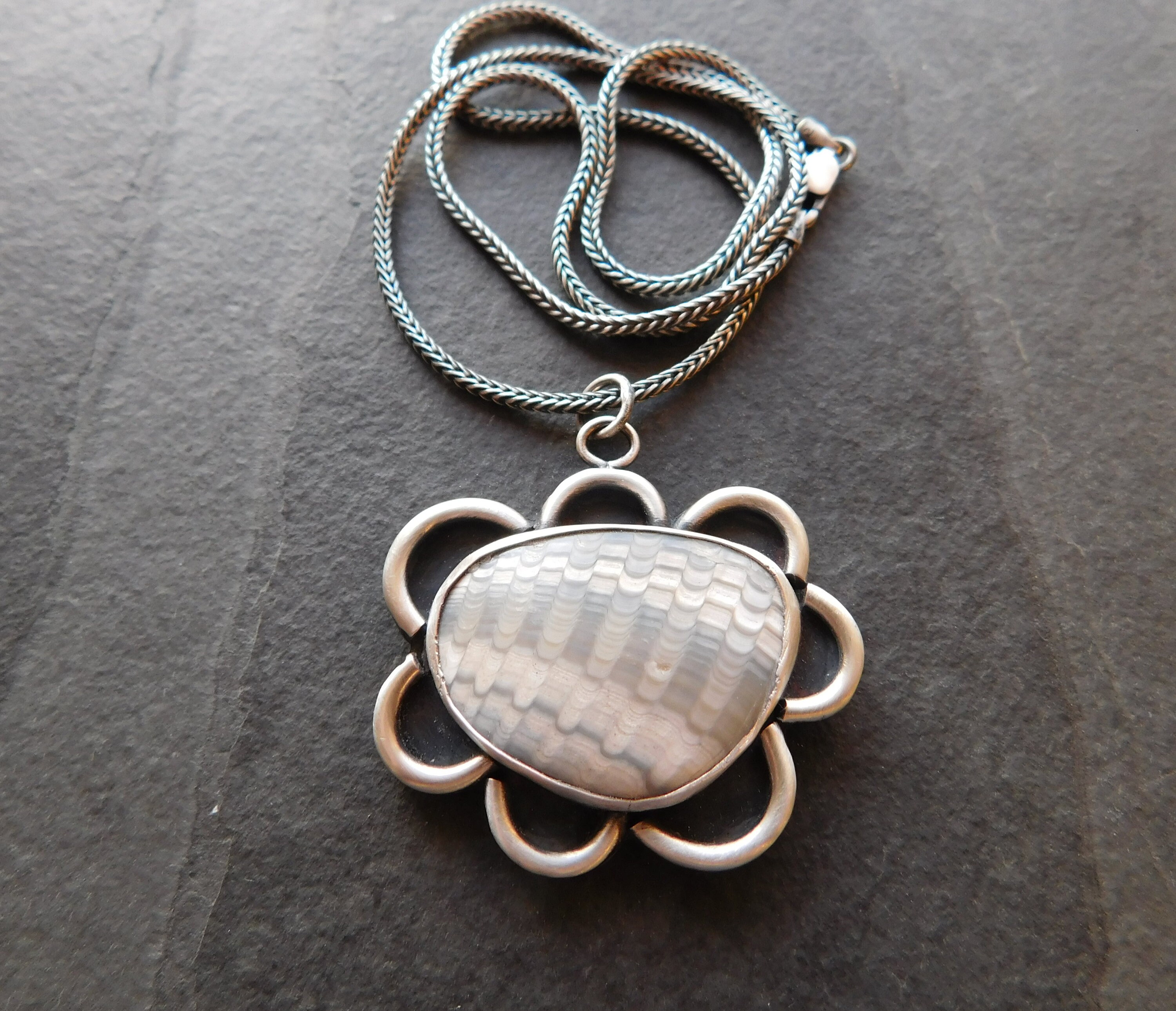Fossil Clam Shell Scalloped Edge Oxidized Sterling Silver Pendant ...