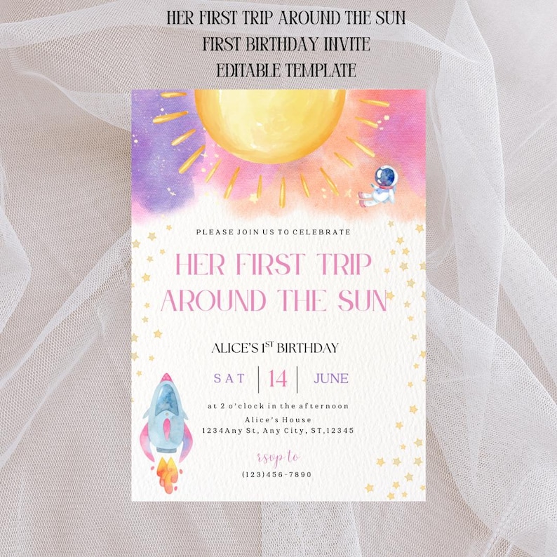 Space First Birthday Invitation, First Trip Around Sun Invite (canva ...