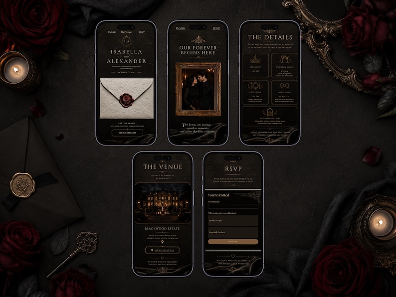 Dark Romance Wedding Website Template, Gothic Wedding Invitation With ...