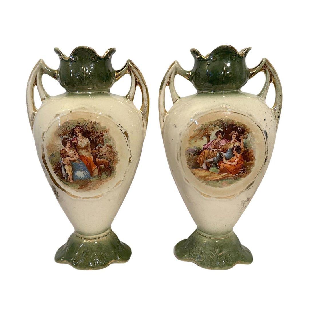 Pair of Antique Victorian Wild & Adams Large Handled Vases in Green ...