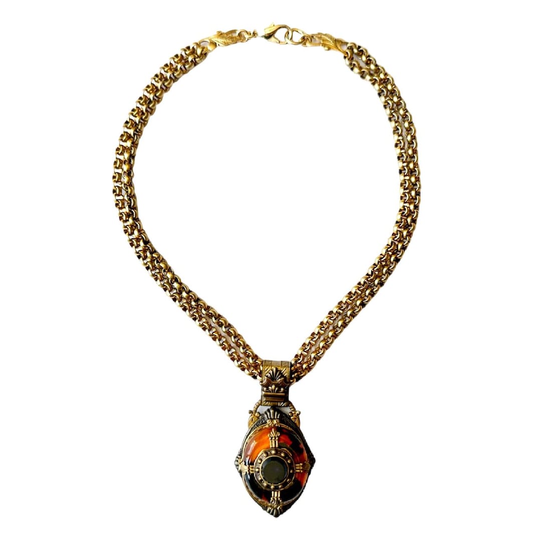 Vintage PATRICE INC Heraldic Cross Copal Amber & Onyx Pendant Necklace ...