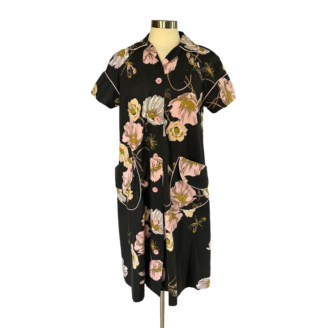 Vintage 50s Rockabilly Black & Pink Hawaiian Tiki Hibiscus Dragonfly Mu ...