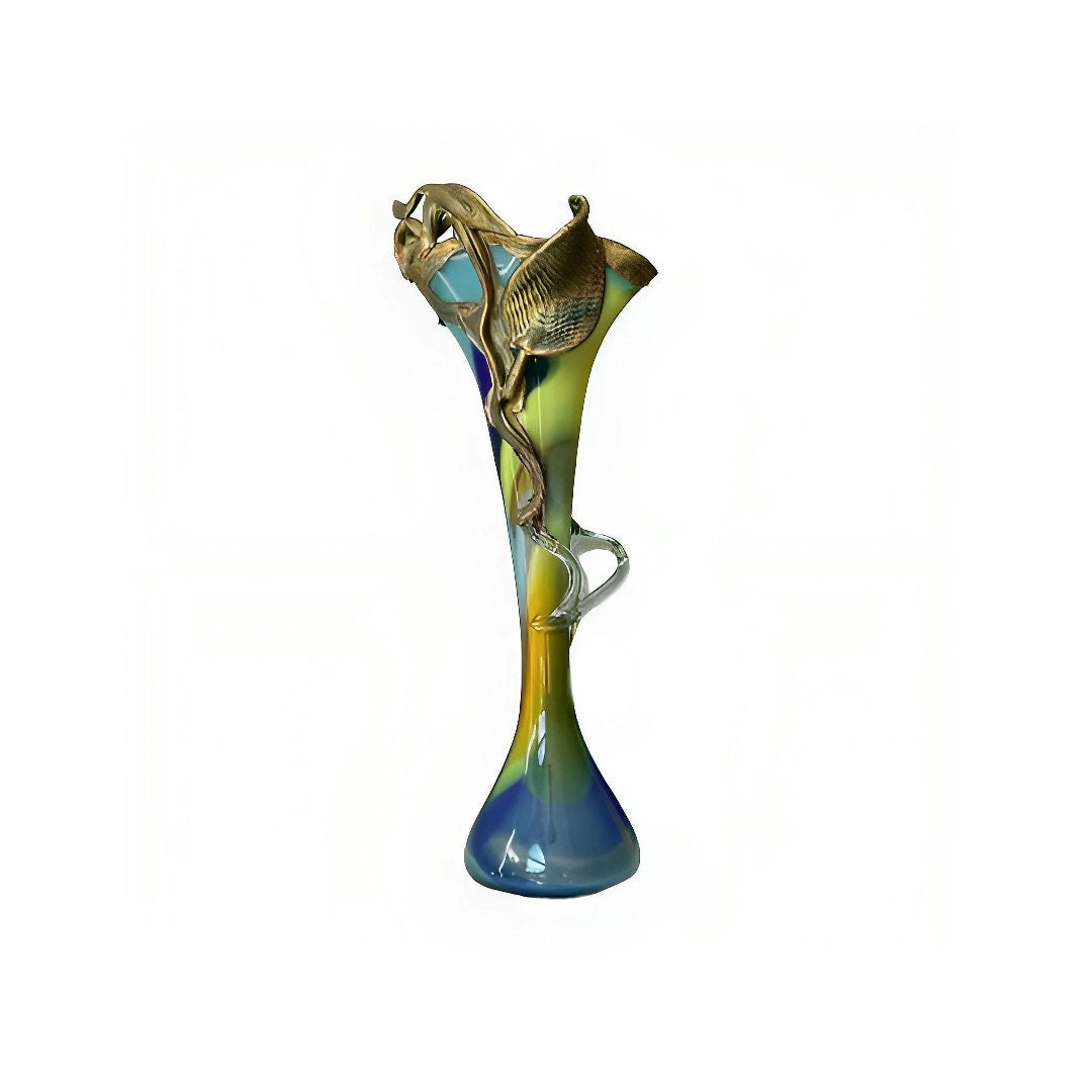 Vintage Filip Ravert Tall Art Glass Vase With Bronze Overlay & Applied ...