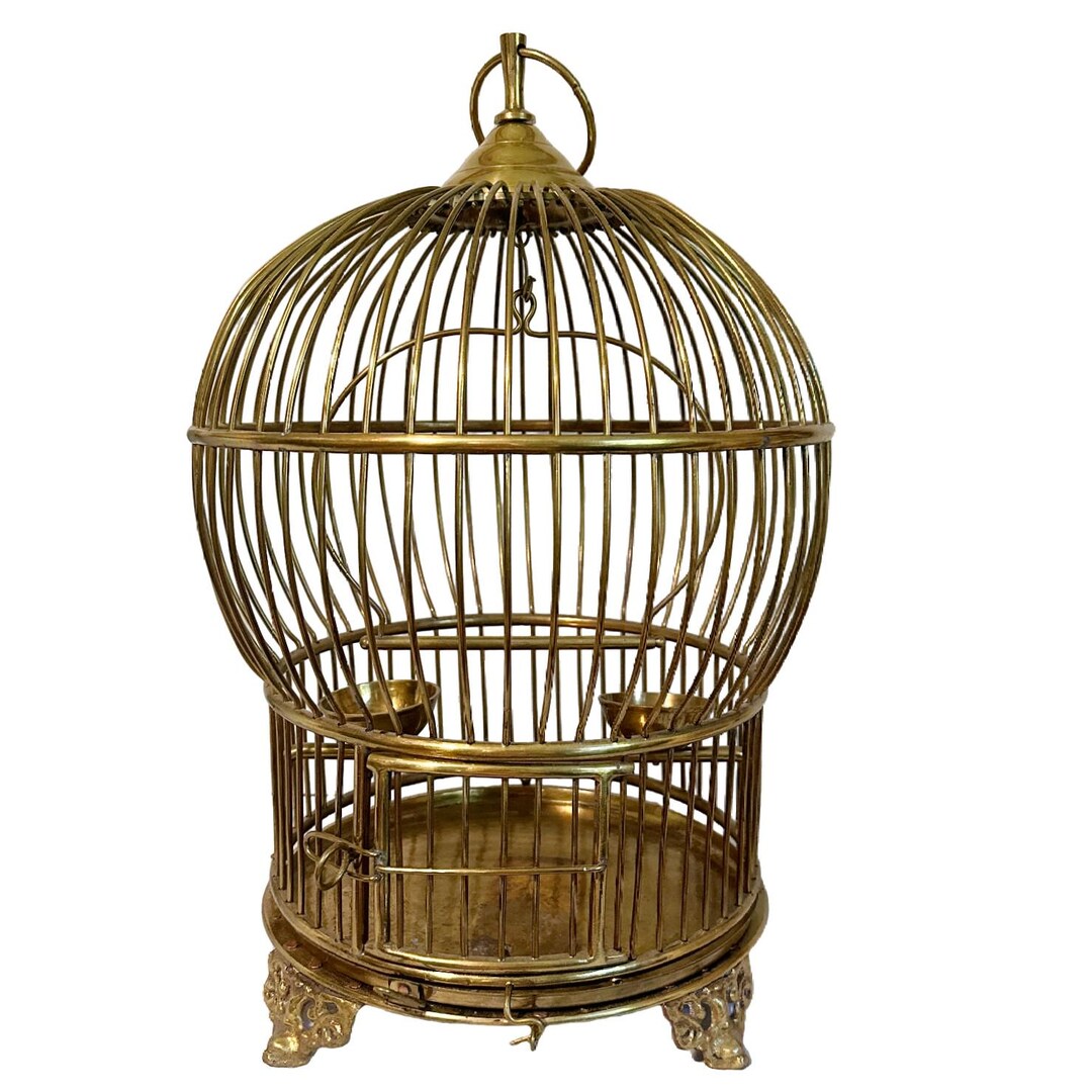 Vintage Large Solid Brass Globe Shaped Hanging Bird Cage W/feeding ...