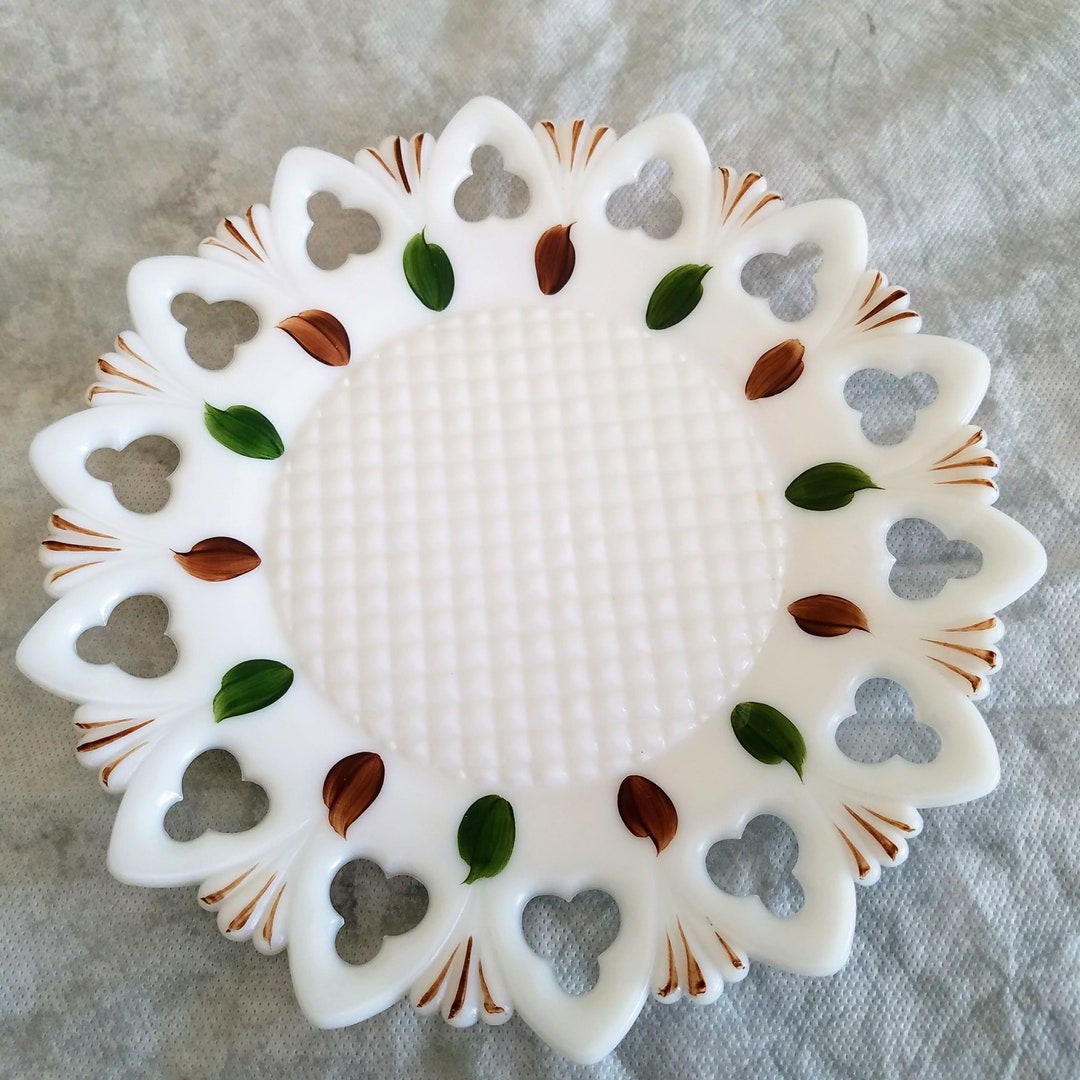 Vintage Milk Glass Plate, White Milk Glass Plate, Hand Painted Milk ...