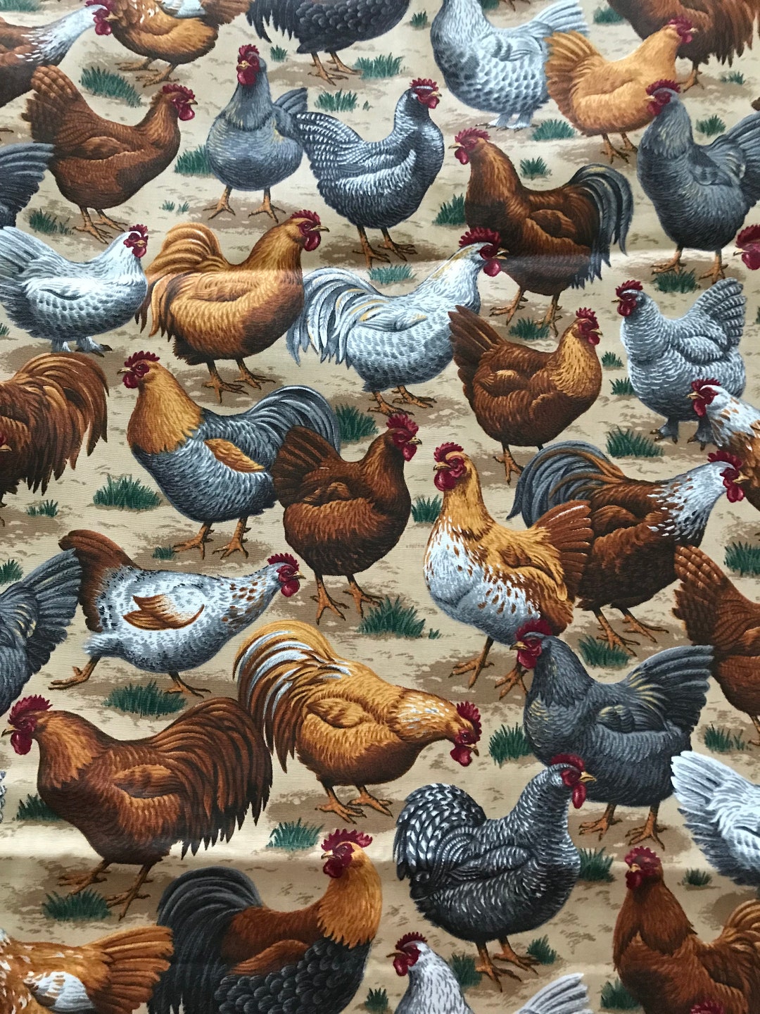2 Yards Fabric With Colorful Chickens, Roosters in Barnyard, Realistic ...