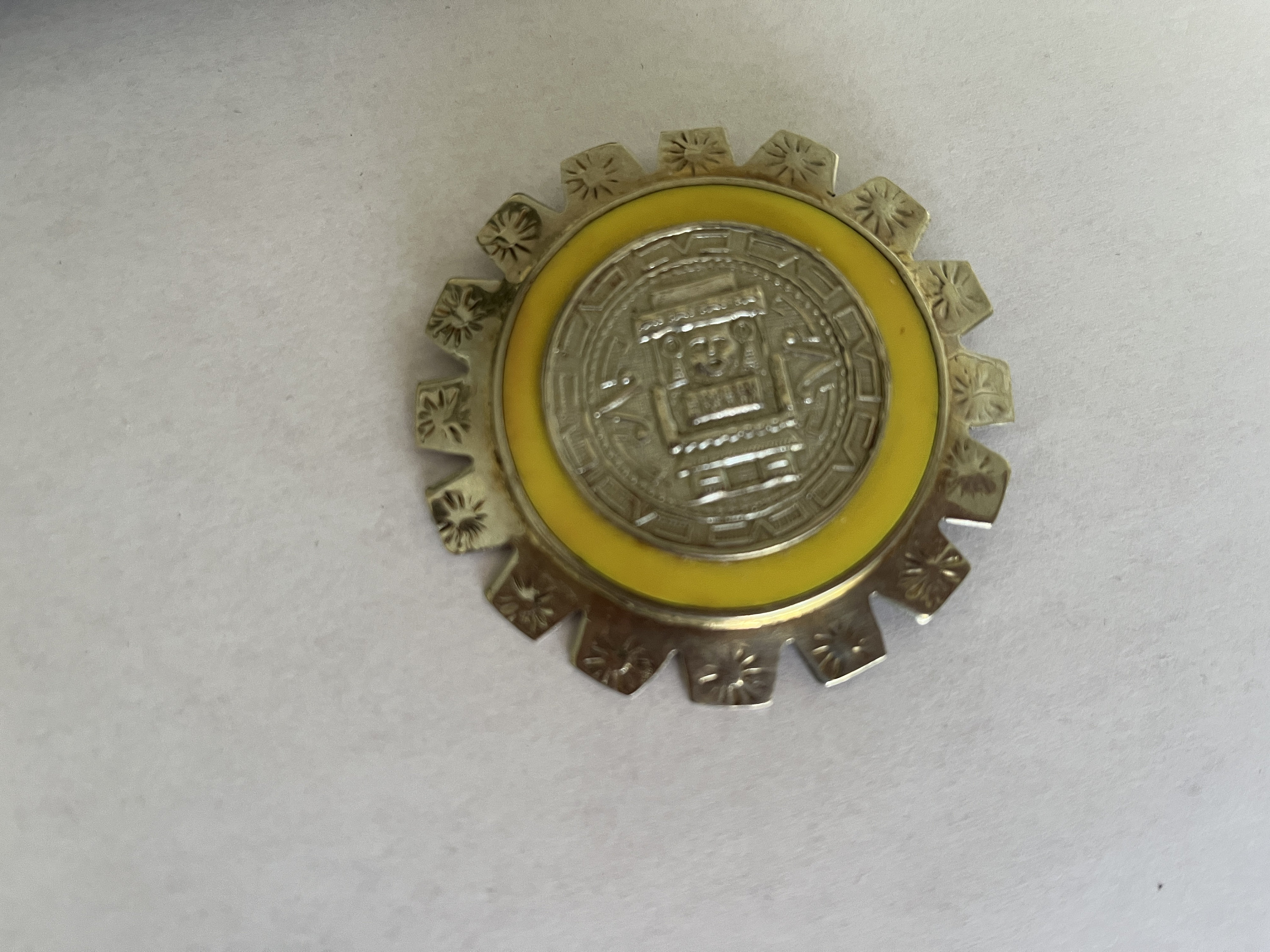 Vintage Hecho En Mexico Sundial Calendar Brooch/pin/pendant With Yellow ...