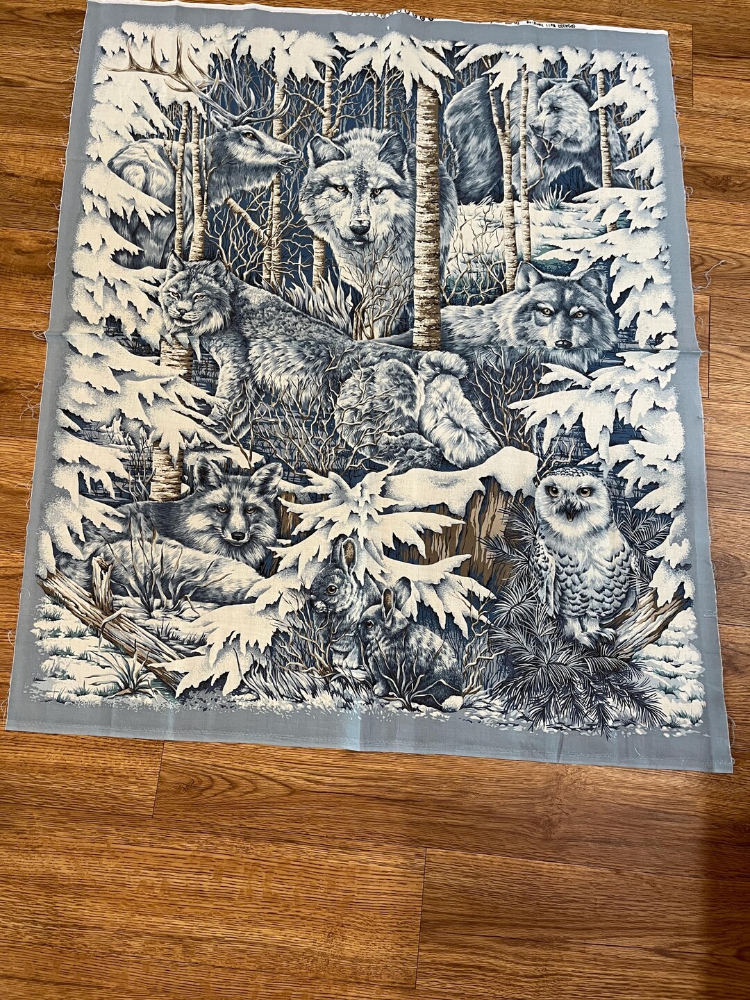 Snowy Winter Scene Fabric Panel, Wolves, Owls, Bunnies, Quilt, Wall ...